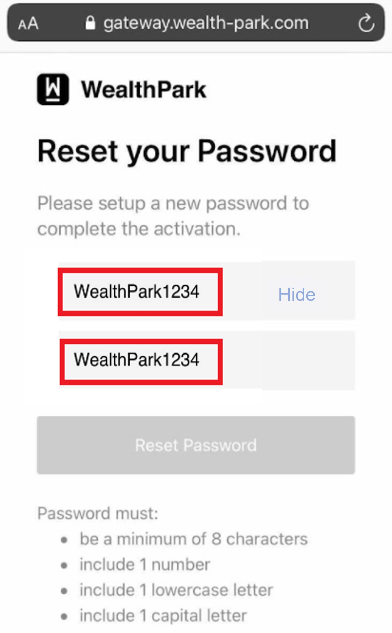 Unable To Reset Password Wealthpark